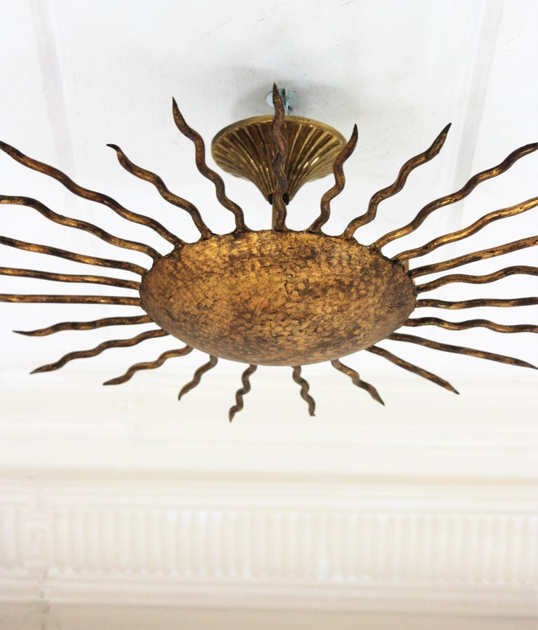 Spanish Sunburst Ceiling Light Fixture in Gilt Wrought Iron, 1950s For ...