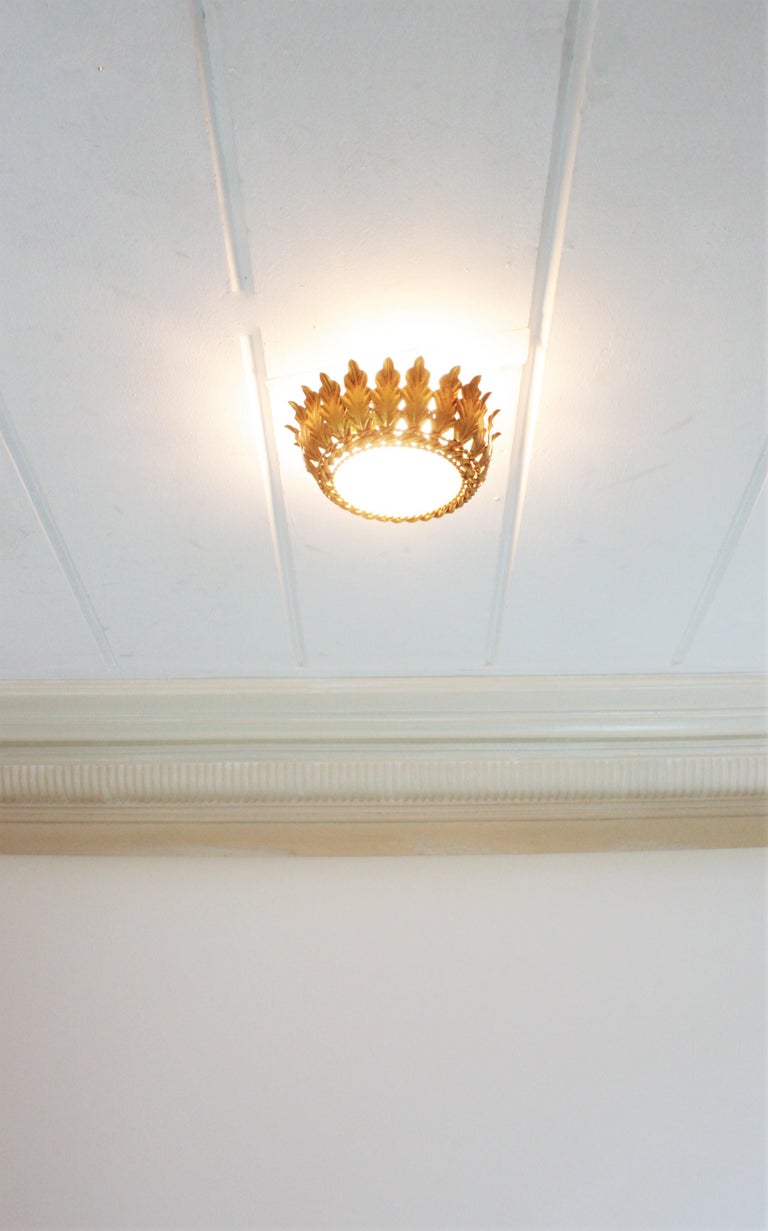 Spanish Sunburst Crown Ceiling Light in Gilt Iron For Sale at 1stDibs