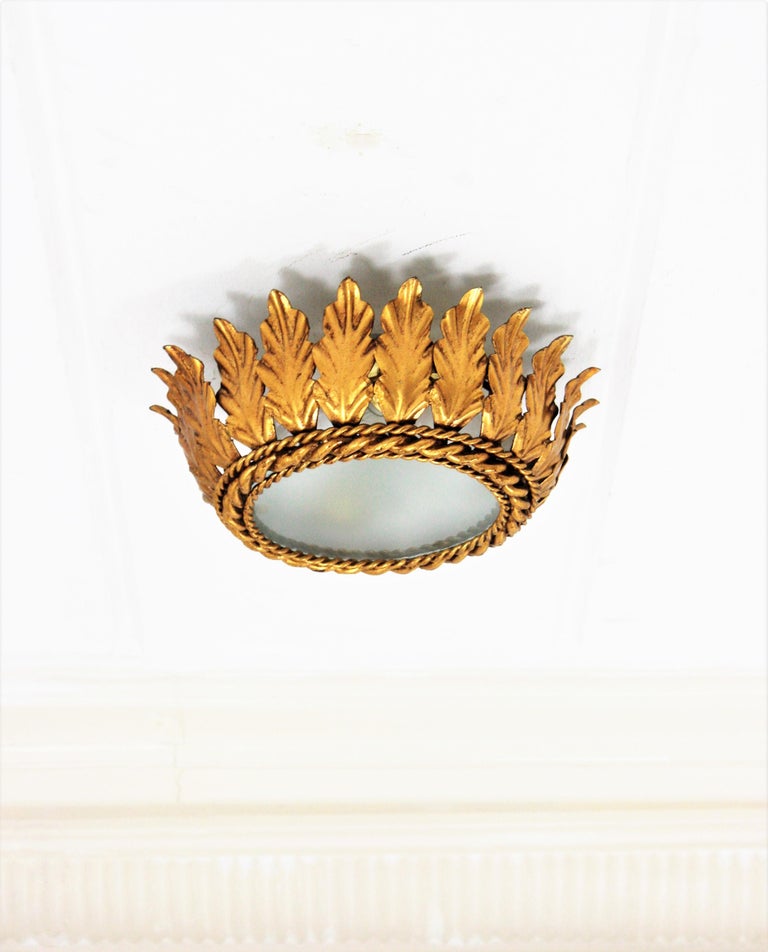 Spanish Sunburst Crown Ceiling Light in Gilt Iron For Sale at 1stDibs