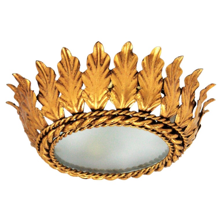 Spanish Sunburst Crown Ceiling Light in Gilt Iron For Sale at 1stDibs