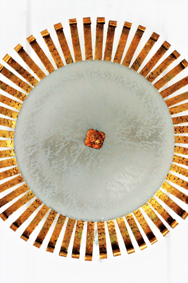 Spanish, Sunburst Light Fixture in Wrought Gilt Iron with Frosted Glass ...