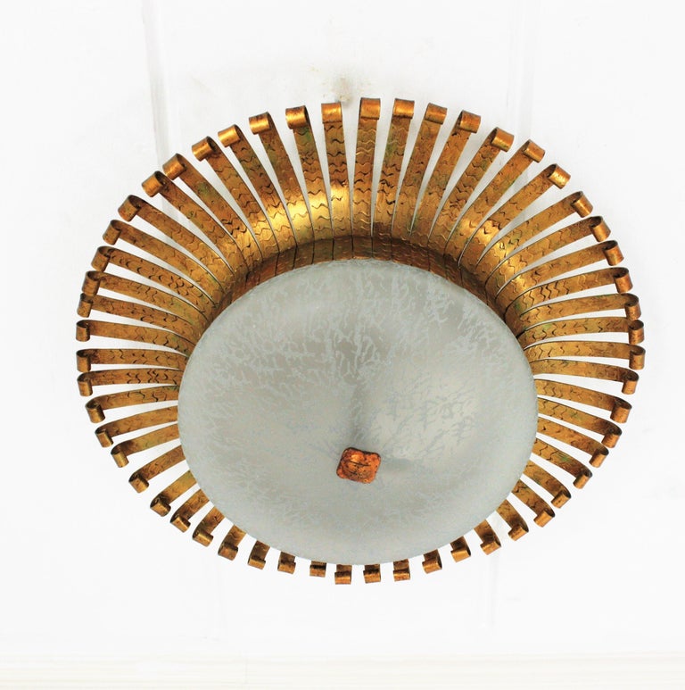 Spanish, Sunburst Light Fixture in Wrought Gilt Iron with Frosted Glass ...