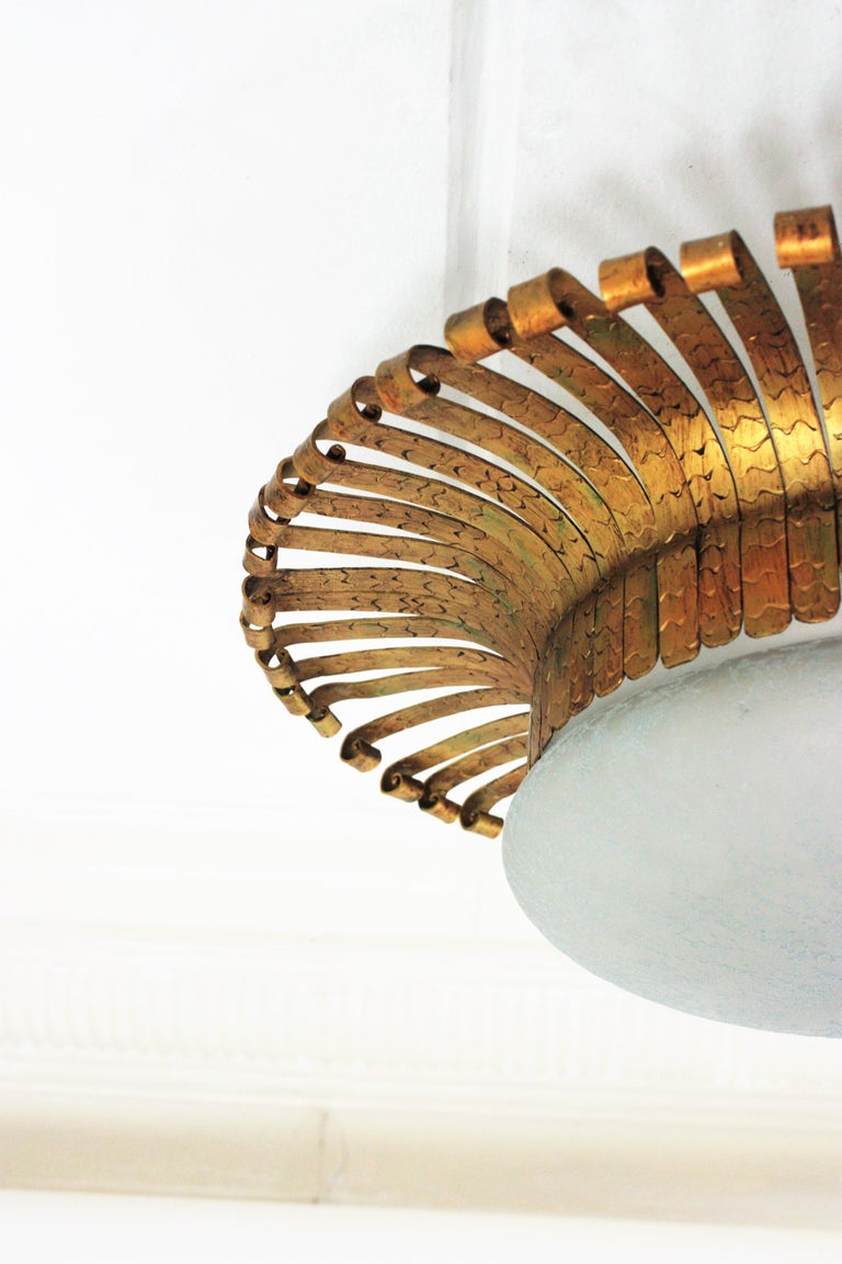 Spanish, Sunburst Light Fixture in Wrought Gilt Iron with Frosted Glass ...