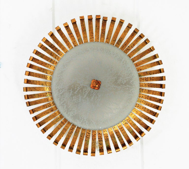 Spanish, Sunburst Light Fixture in Wrought Gilt Iron with Frosted Glass ...