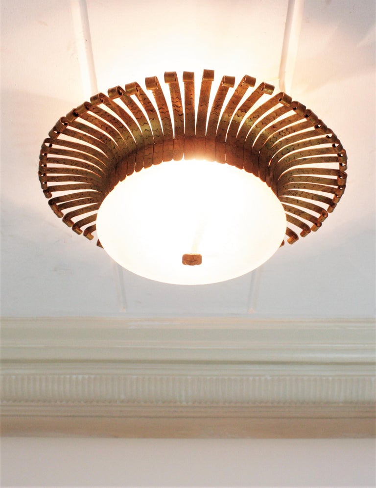 Spanish, Sunburst Light Fixture in Wrought Gilt Iron with Frosted Glass ...