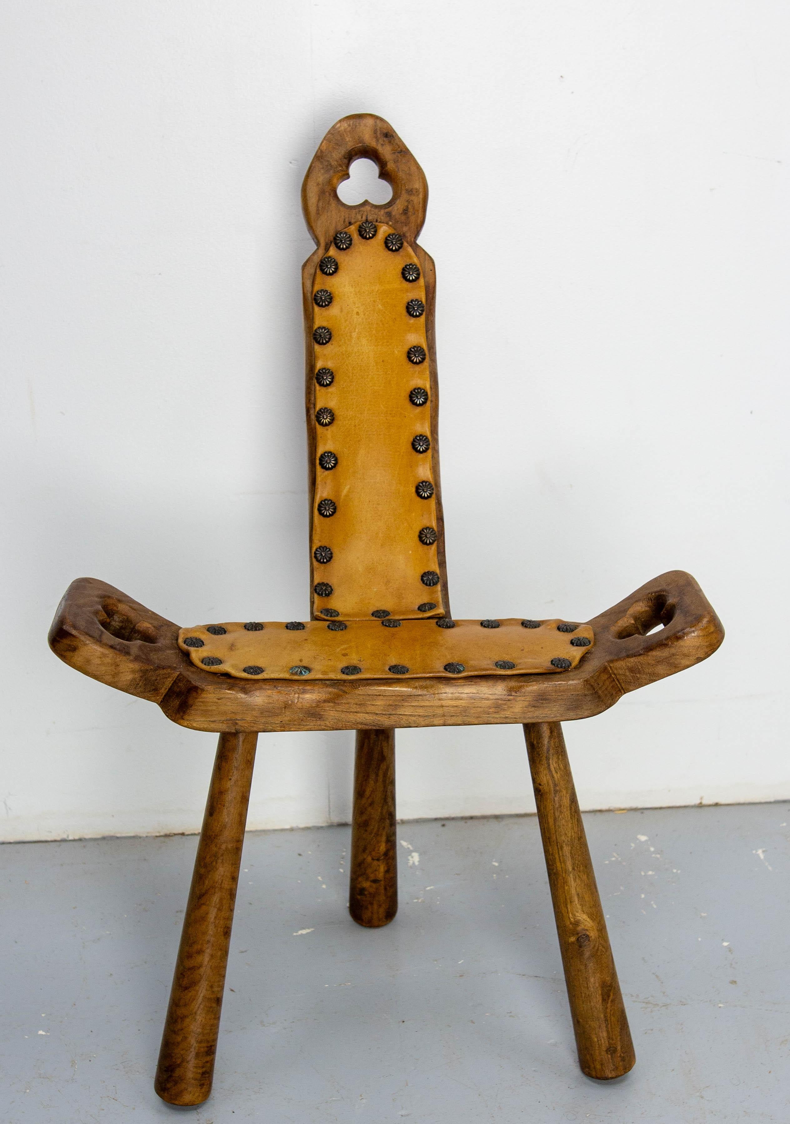 Spanish Tripod Chair Three Legs Poplar and Leather Midcentury For Sale ...