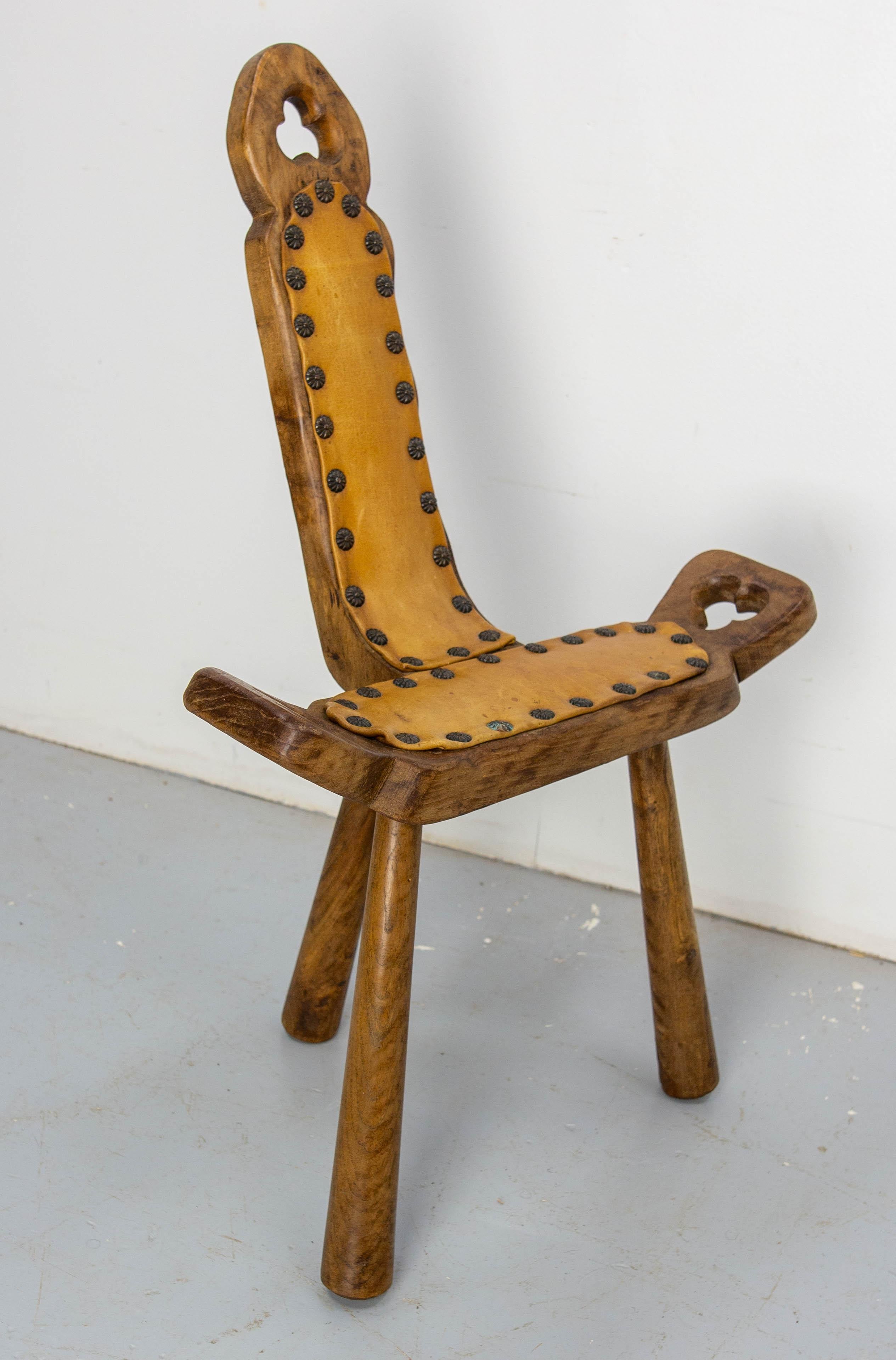 Spanish Tripod Chair Three Legs Poplar and Leather Midcentury For Sale ...