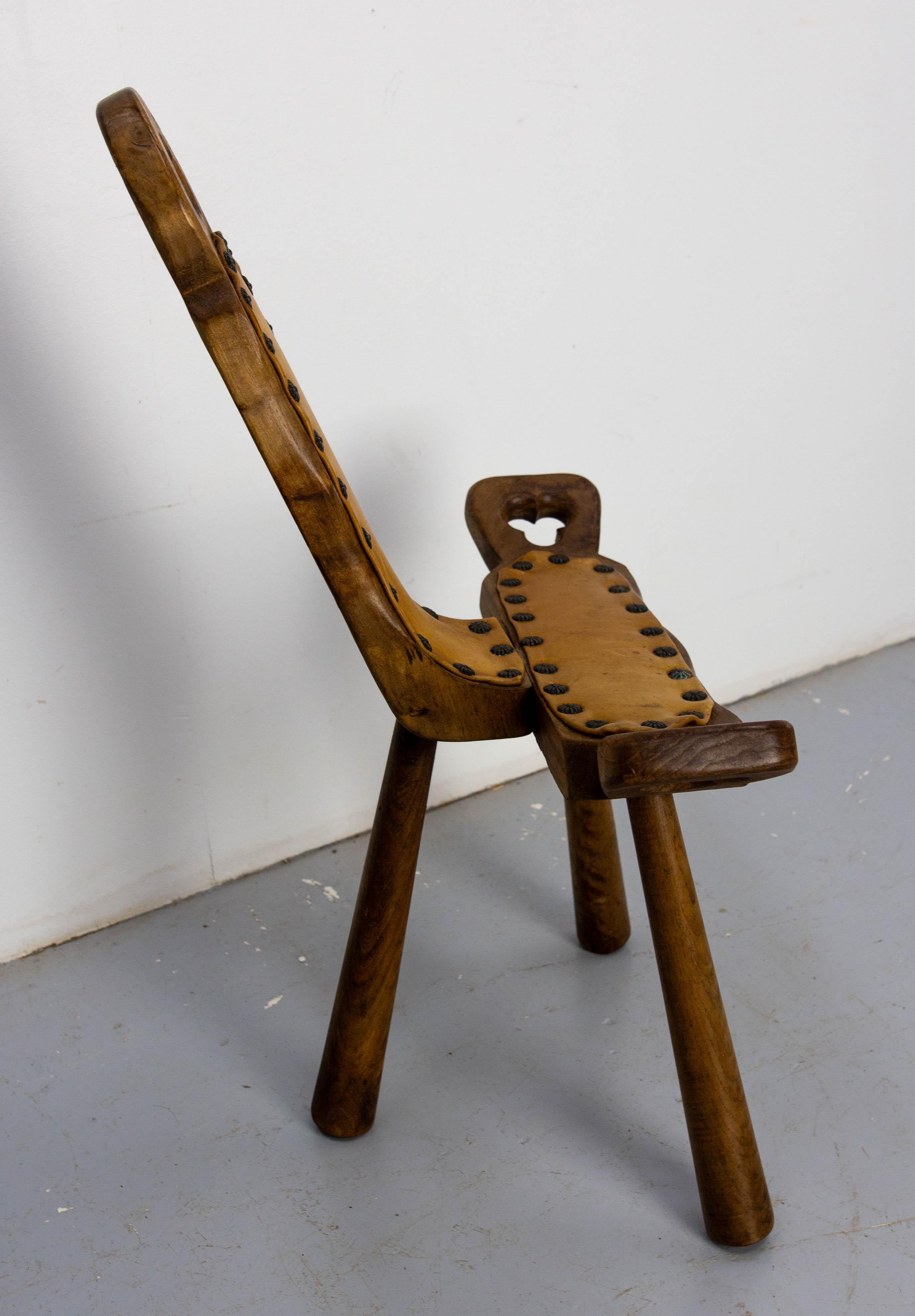 Spanish Tripod Chair Three Legs Poplar and Leather Midcentury For Sale ...