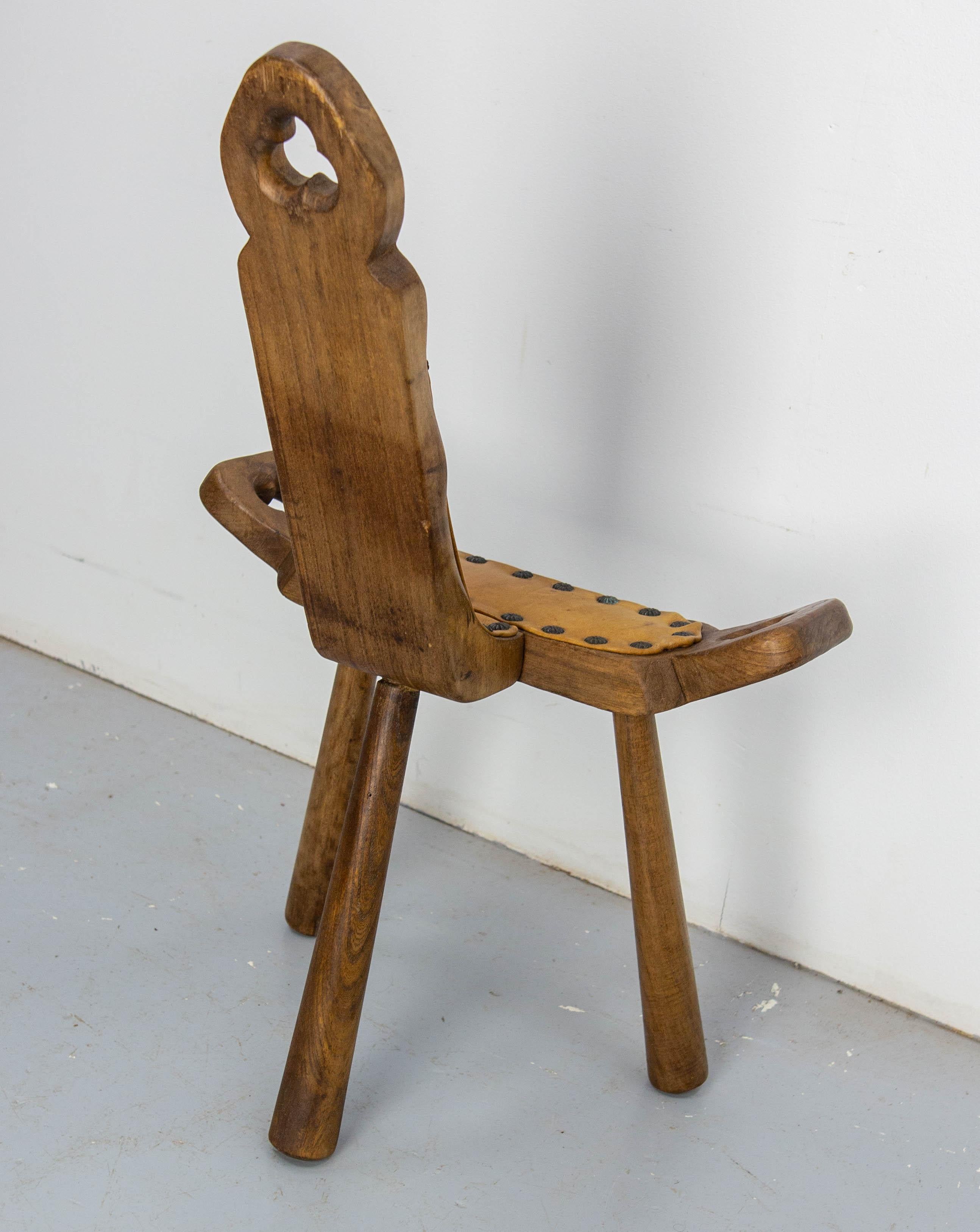 Spanish Tripod Chair Three Legs Poplar and Leather Midcentury For Sale ...