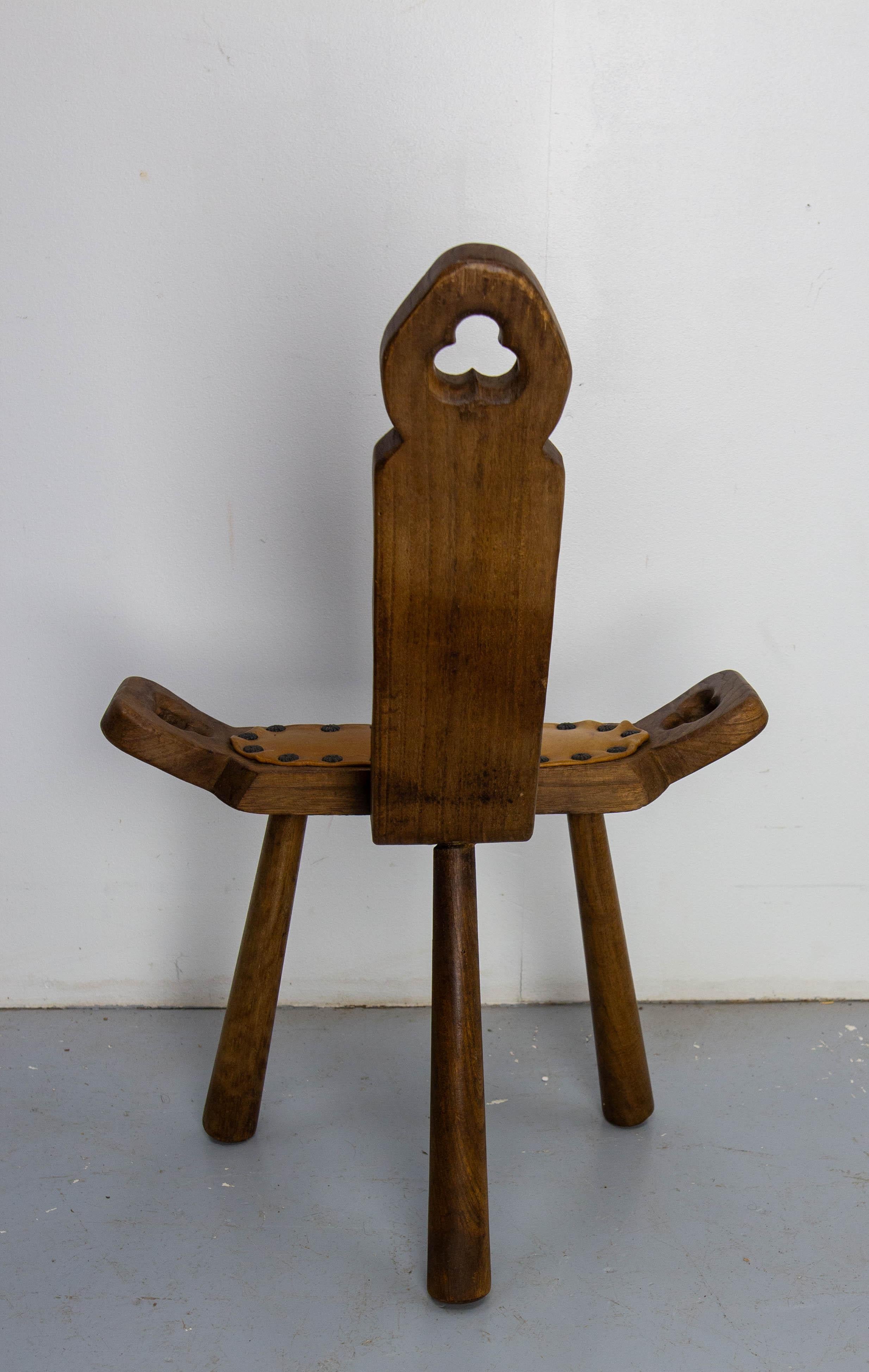 Spanish Tripod Chair Three Legs Poplar and Leather Midcentury For Sale ...