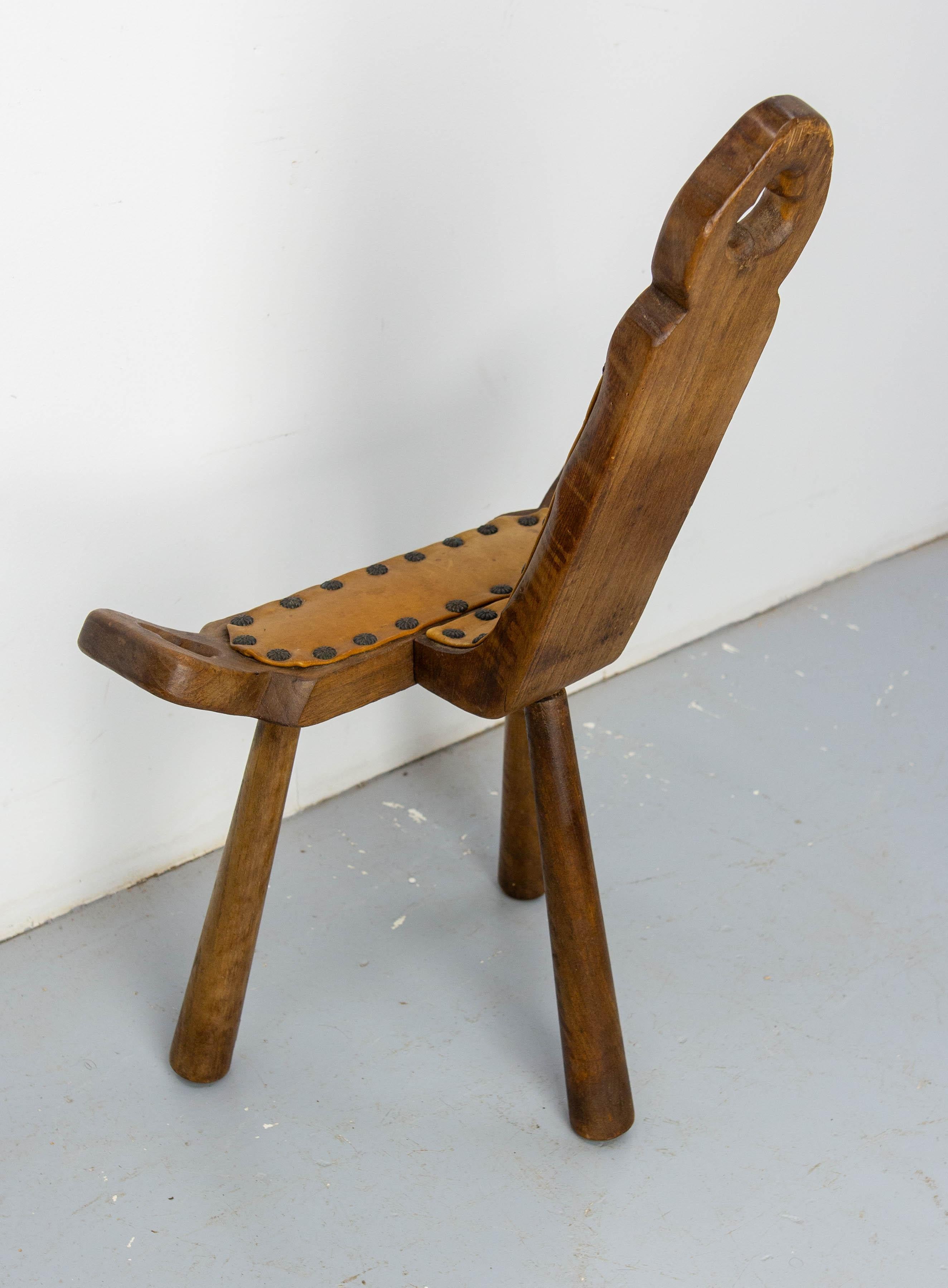 Spanish Tripod Chair Three Legs Poplar and Leather Midcentury For Sale ...