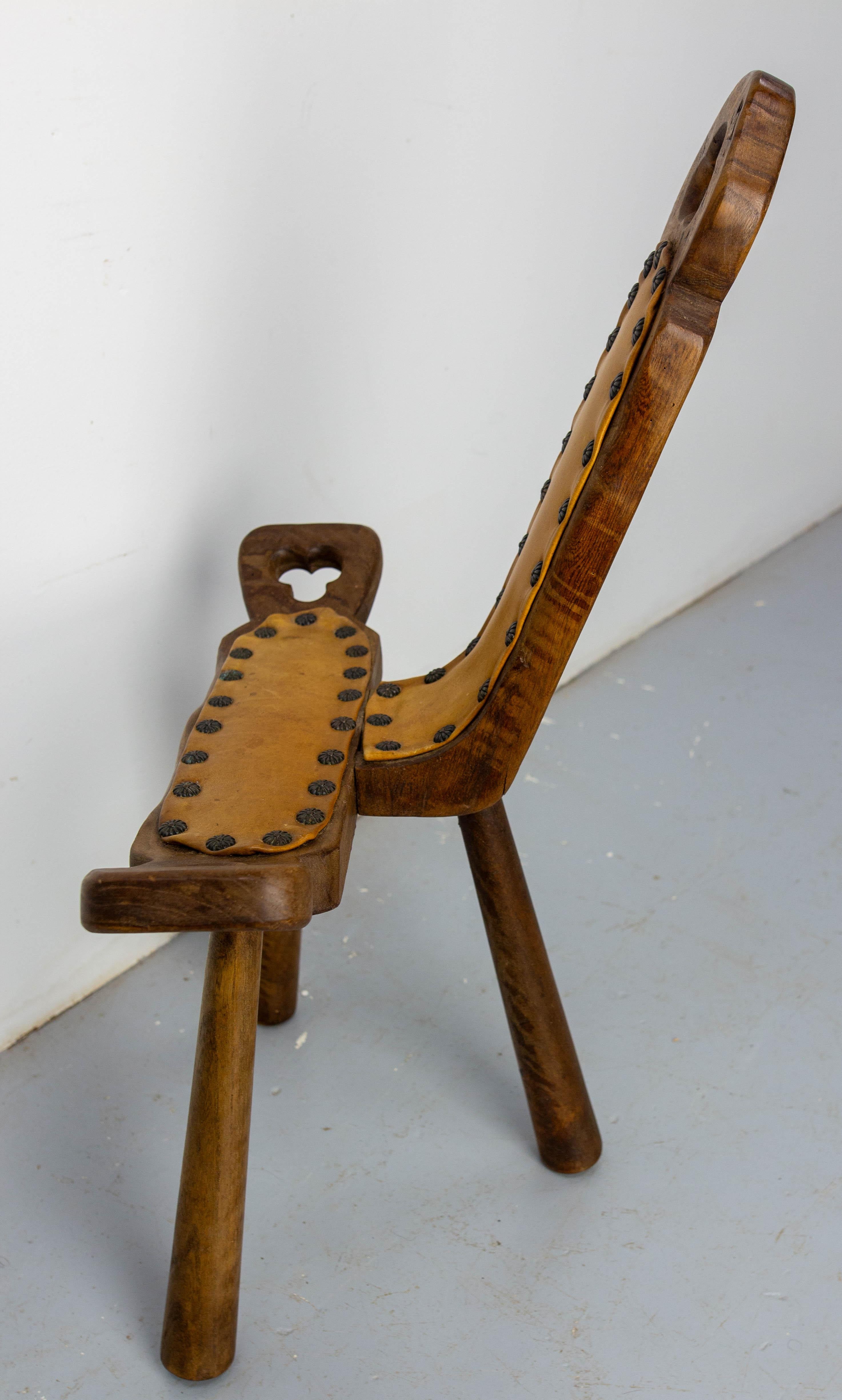 Spanish Tripod Chair Three Legs Poplar and Leather Midcentury For Sale ...
