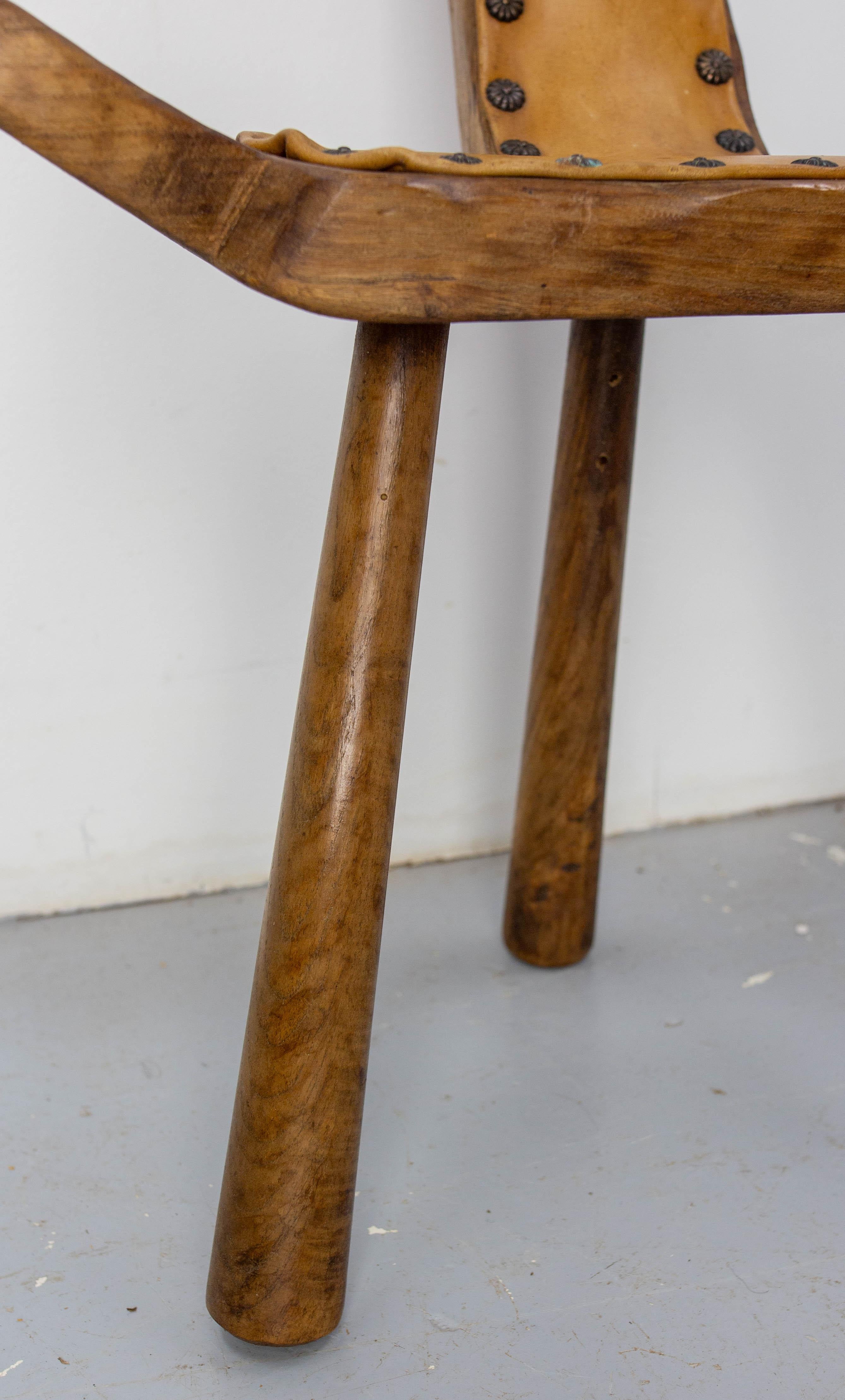 Spanish Tripod Chair Three Legs Poplar and Leather Midcentury For Sale ...