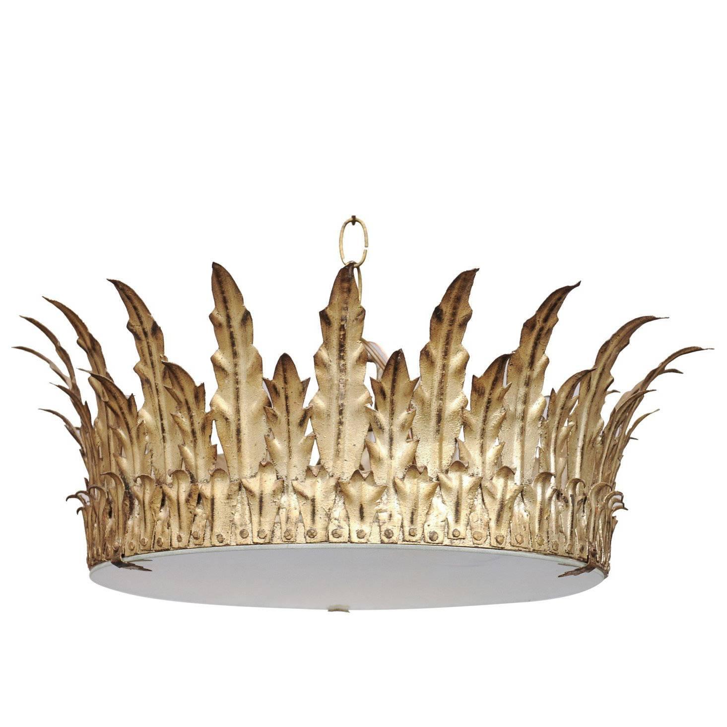 Spanish Vintage Silver Gilt Metal Crown Light Fixture with Foliage ...