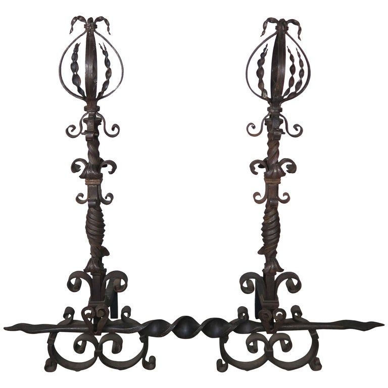 Spanish Wrought Iron Fireplace Andirons, Pair at 1stDibs