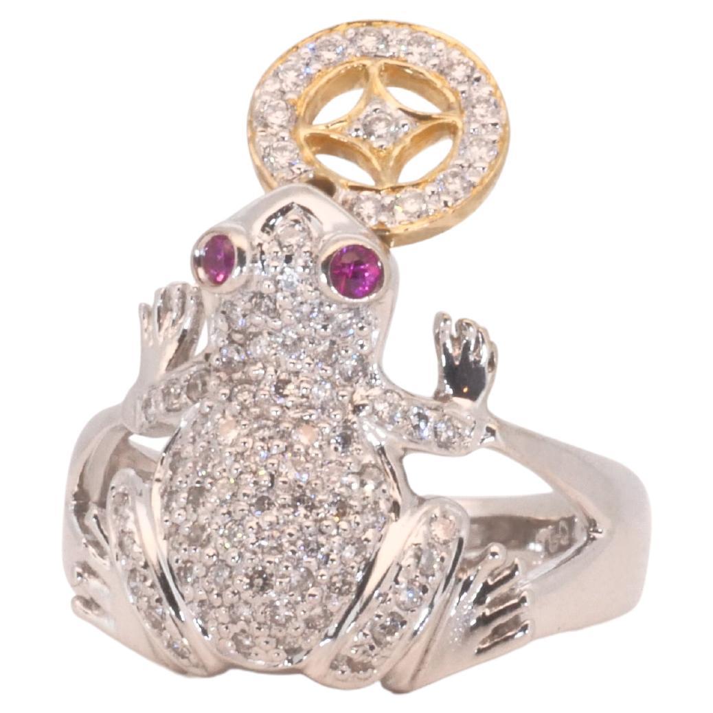 Sparkling 18k White Gold Frog Ring with 0.39ct Natural Rubies and Diamonds For Sale at 1stDibs