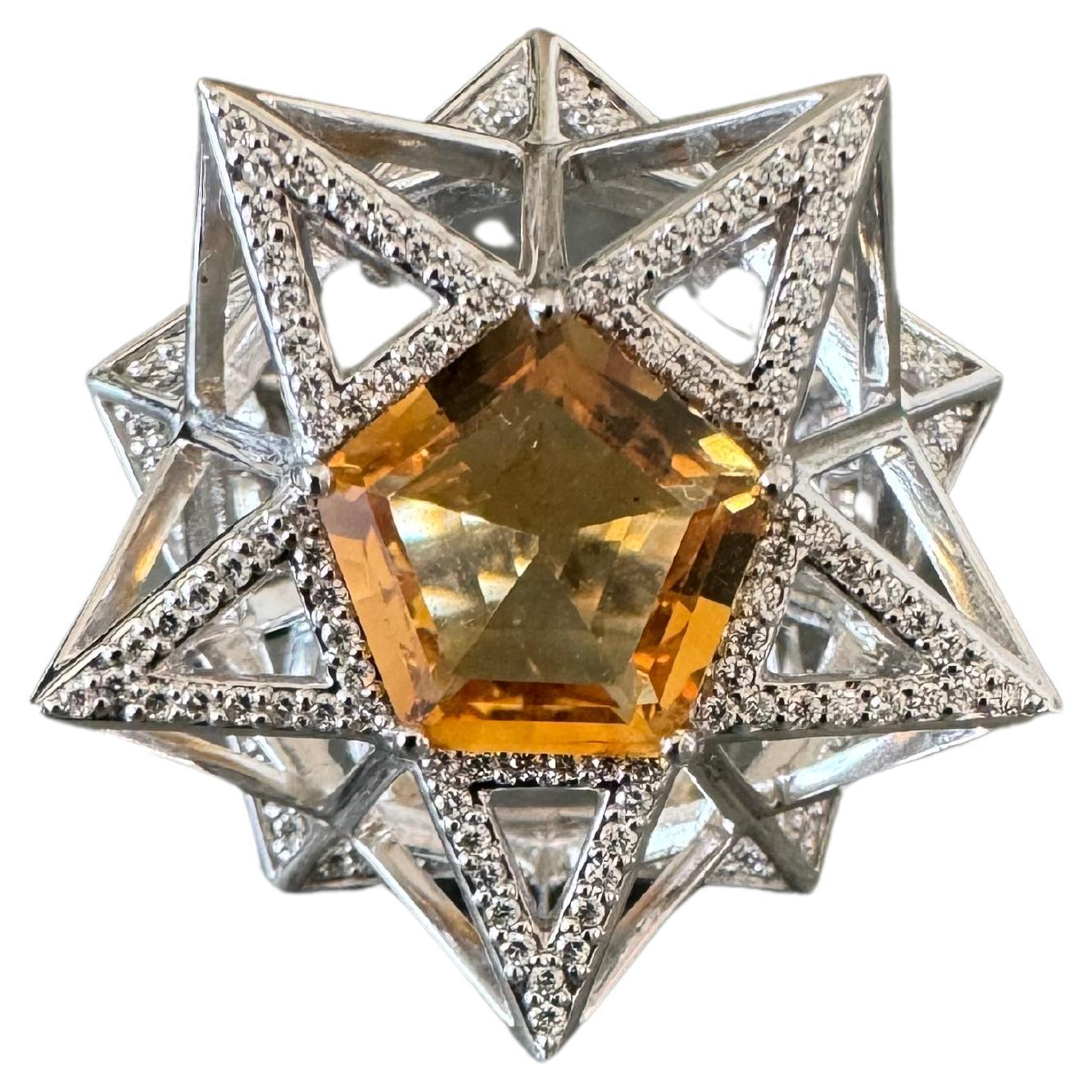 Sparkling Star Diamond and Citrine 18K White Gold Ring For Sale at 1stDibs