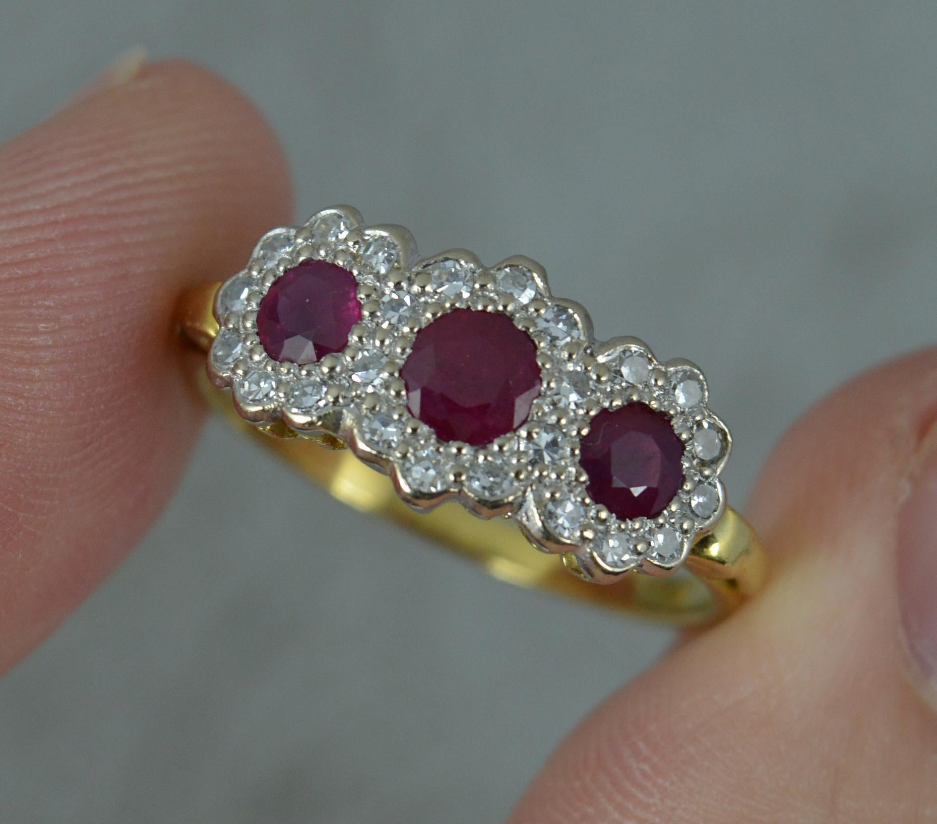 Sparkly Ruby and Diamond 18ct Gold Triple Cluster Ring For Sale at 1stDibs