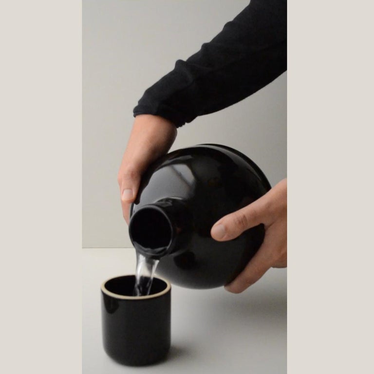 Special Edition Ceramic Carafe and cups bright shine black jug flower ...