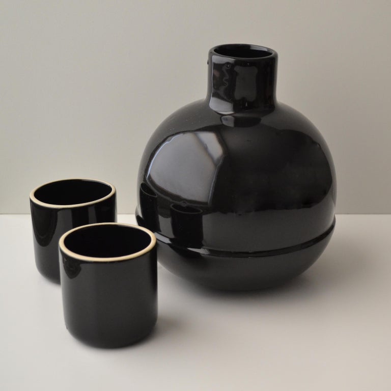 Special Edition Ceramic Carafe and cups bright shine black jug flower ...