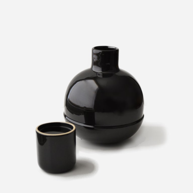 Special Edition Ceramic Carafe and cups bright shine black jug flower ...