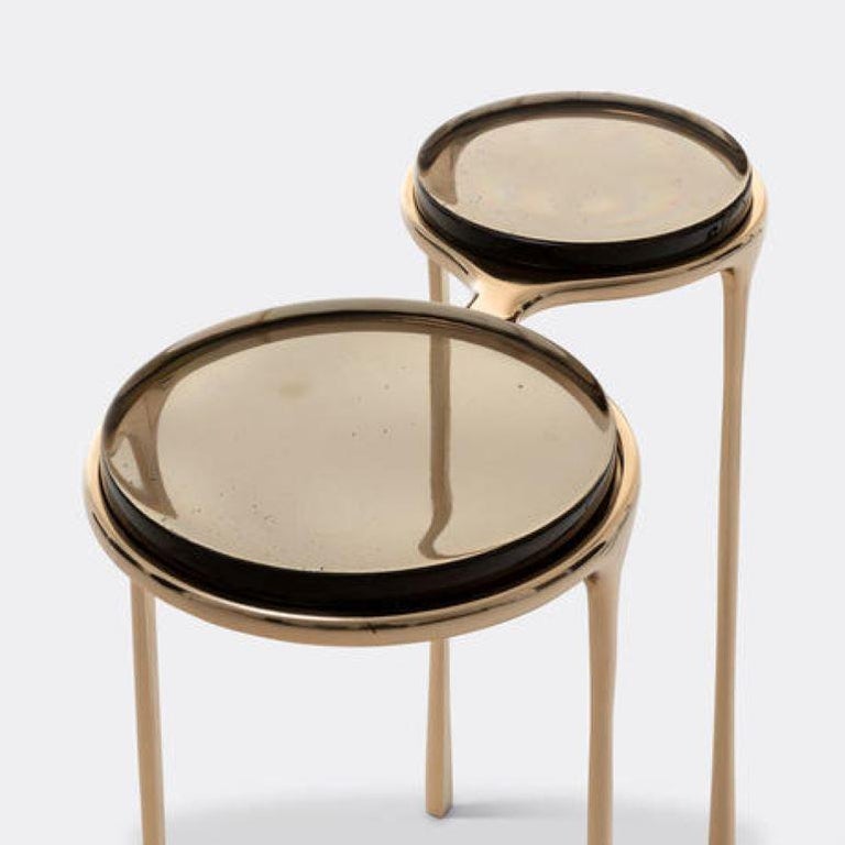 Spectacles Side Table, Polished Bronze Base, Fog Cast Glass Top For ...