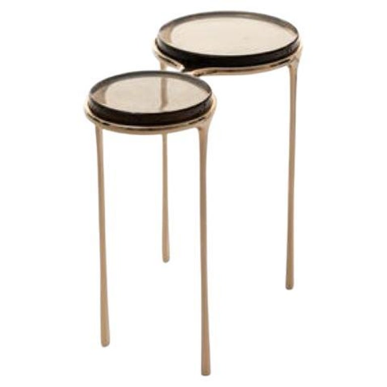 Spectacles Side Table, Polished Bronze Base, Fog Cast Glass Top For ...