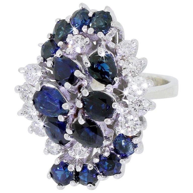 Spectacular 14 Karat Gold Large Sapphire Diamond Cluster Cocktail Ring ...