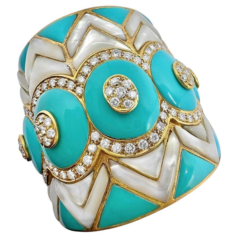 Spectacular 18k Cuff with Turquoise, 12.5 Carat of Diamonds and M.O.P ...