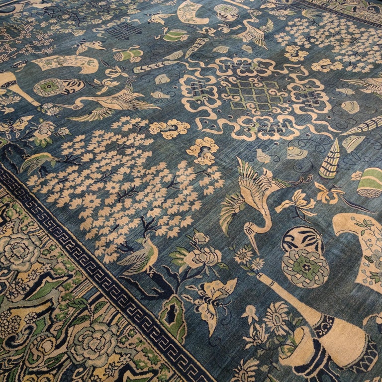 Spectacular Antique Sky Blue Indochine Rug with Cranes and Longevity ...