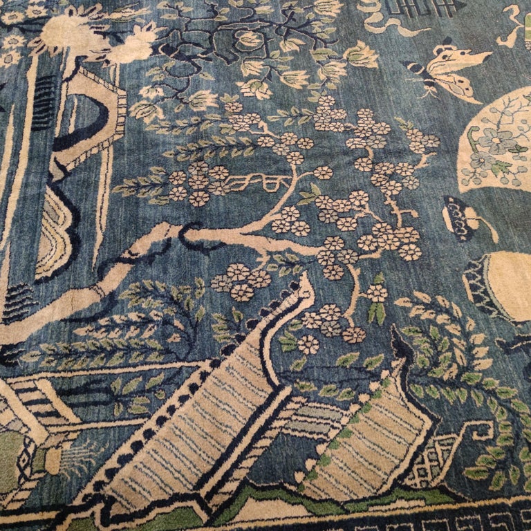 Spectacular Antique Sky Blue Indochine Rug with Cranes and Longevity ...