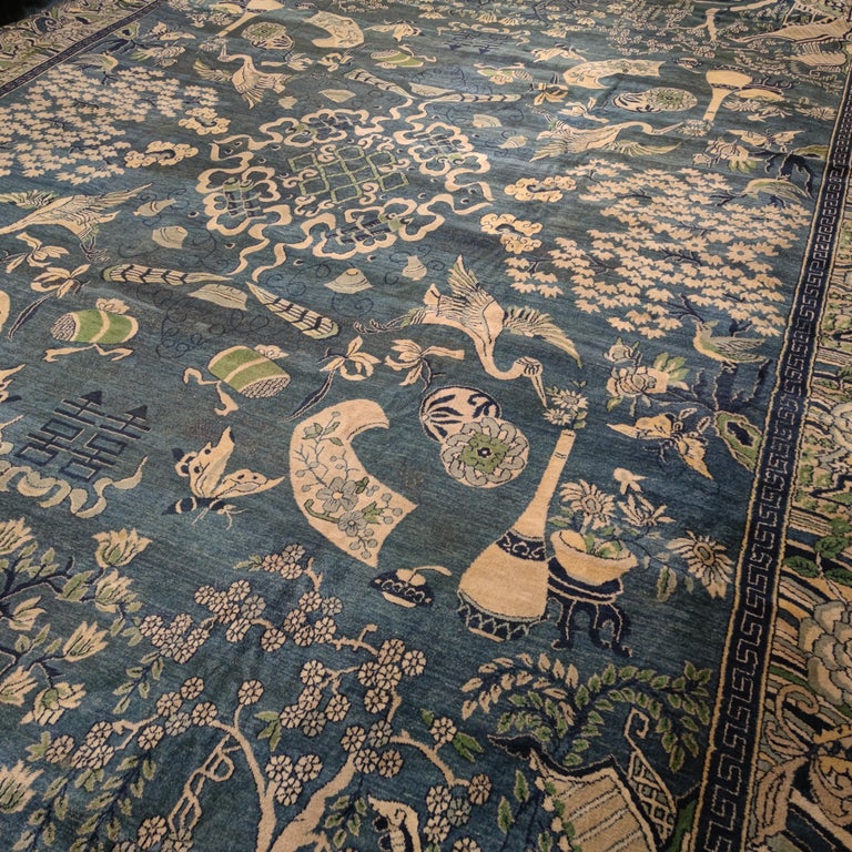 Spectacular Antique Sky Blue Indochine Rug with Cranes and Longevity ...