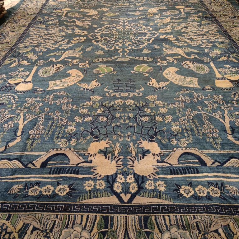 Spectacular Antique Sky Blue Indochine Rug with Cranes and Longevity ...