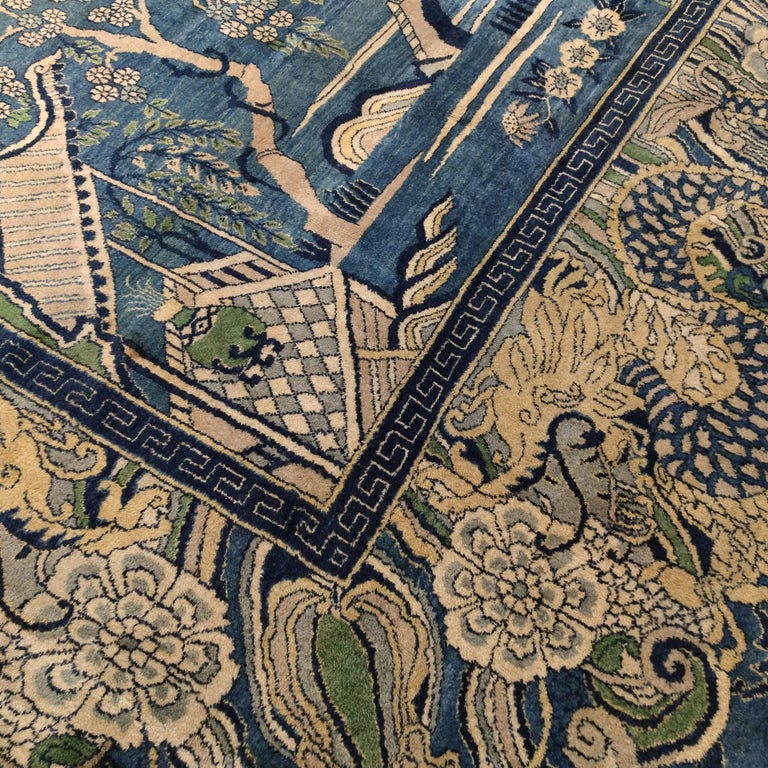 Spectacular Antique Sky Blue Indochine Rug with Cranes and Longevity ...