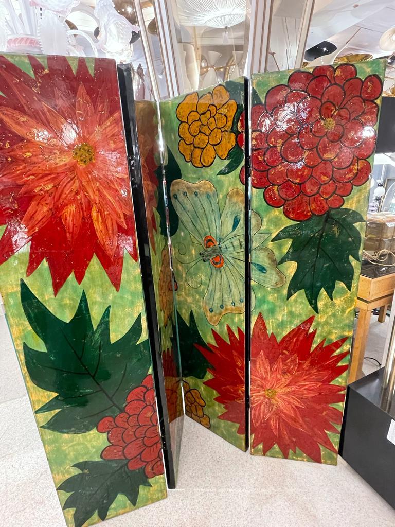 Spectacular Four Panel Hand-Painted Lacquer Screen For Sale at 1stDibs
