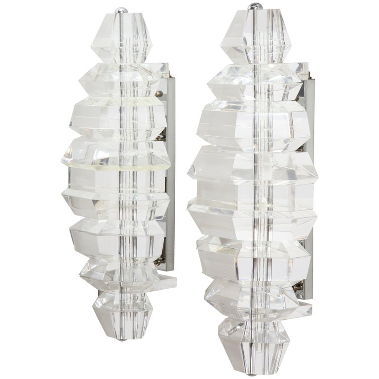 Monumental Pair of Faceted Lucite Sconces For Sale at 1stDibs