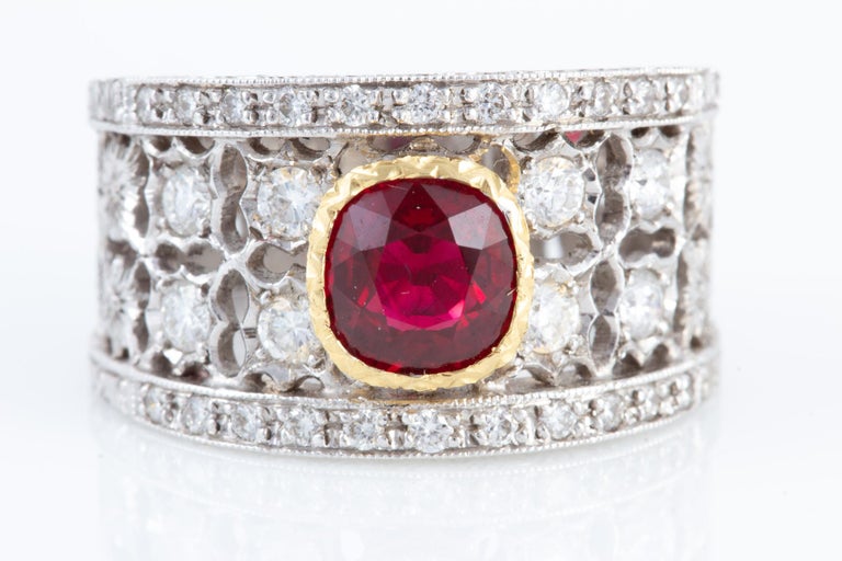 Spectacular Italian Florentine Engraved Ruby and Diamond 18 karat Ring ...