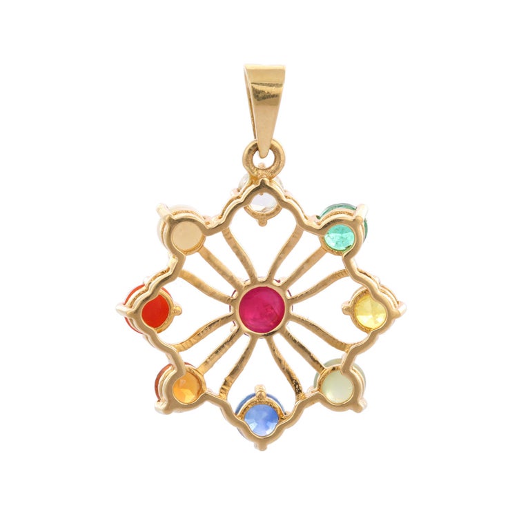 Spectacular Multi Gemstone Navratna Filigree Flower Pendant in 18K ...