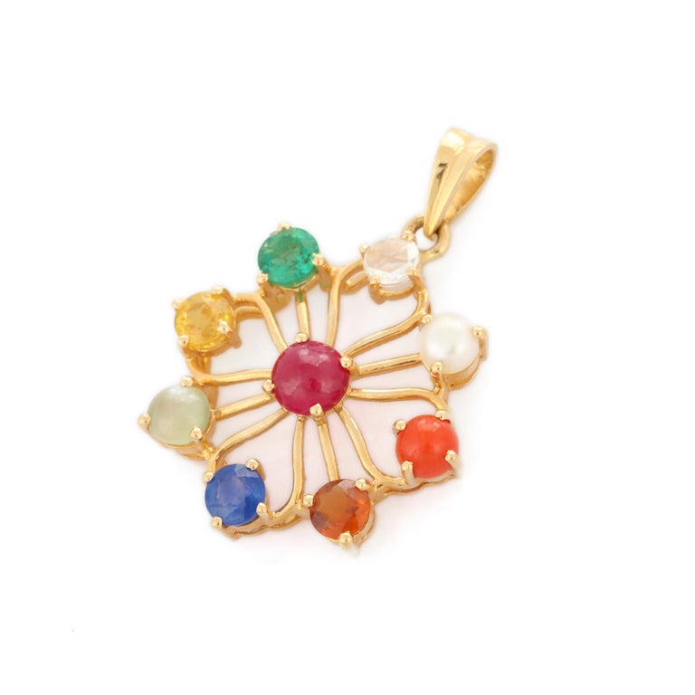 Spectacular Multi Gemstone Navratna Filigree Flower Pendant in 18K ...