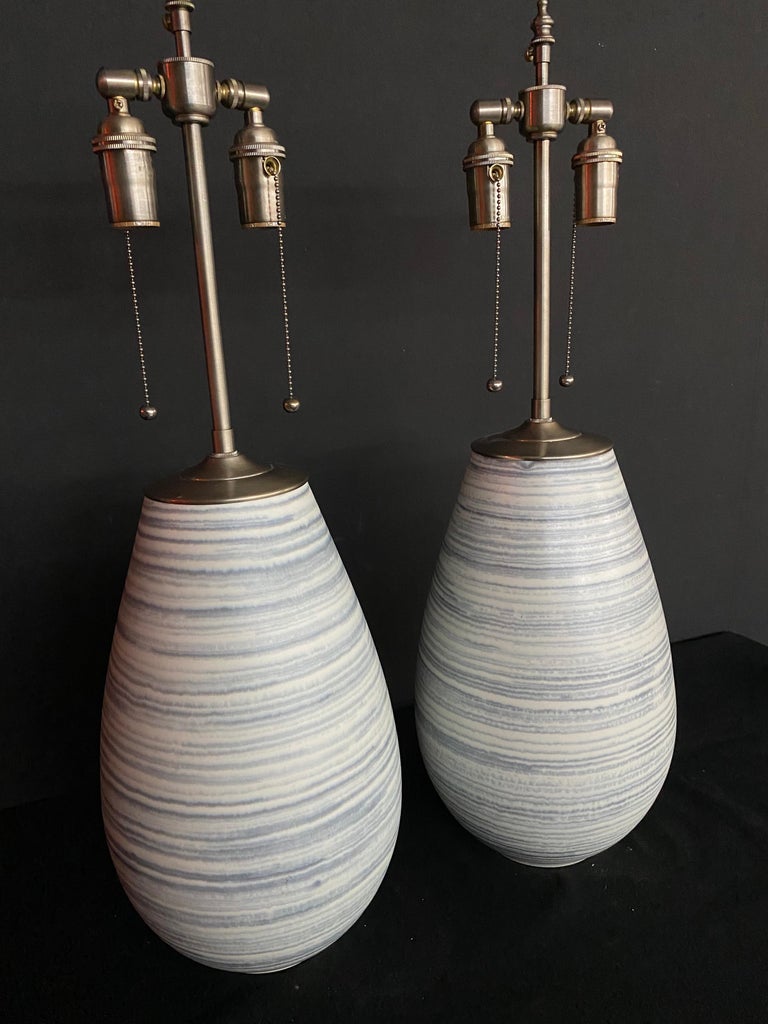 Spectacular Pair of Unique Blue and White Striae Orbs with Lamp ...