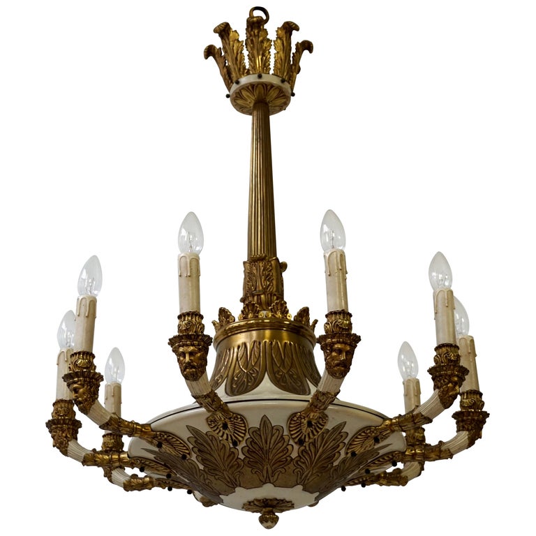 Spectacular Ten Arms Brass White Painted Chandelier with Men's Head For ...