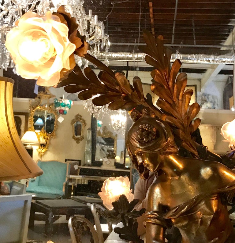 Spelter Auguste Moreau French Figural Table Lamp with 3 Lalique Style ...