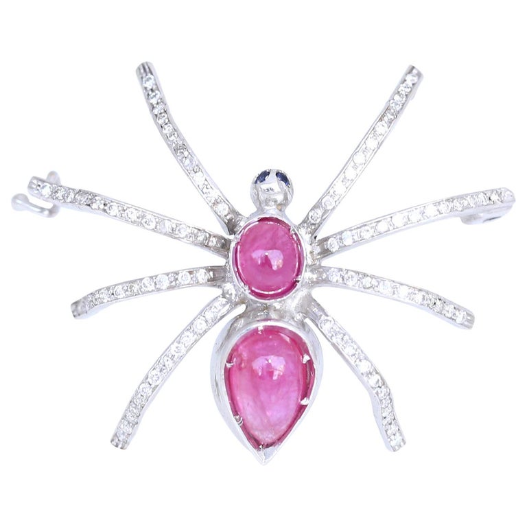 Spider 2 Ct Ruby Diamonds Pin Brooch 18K White Gold at 1stDibs