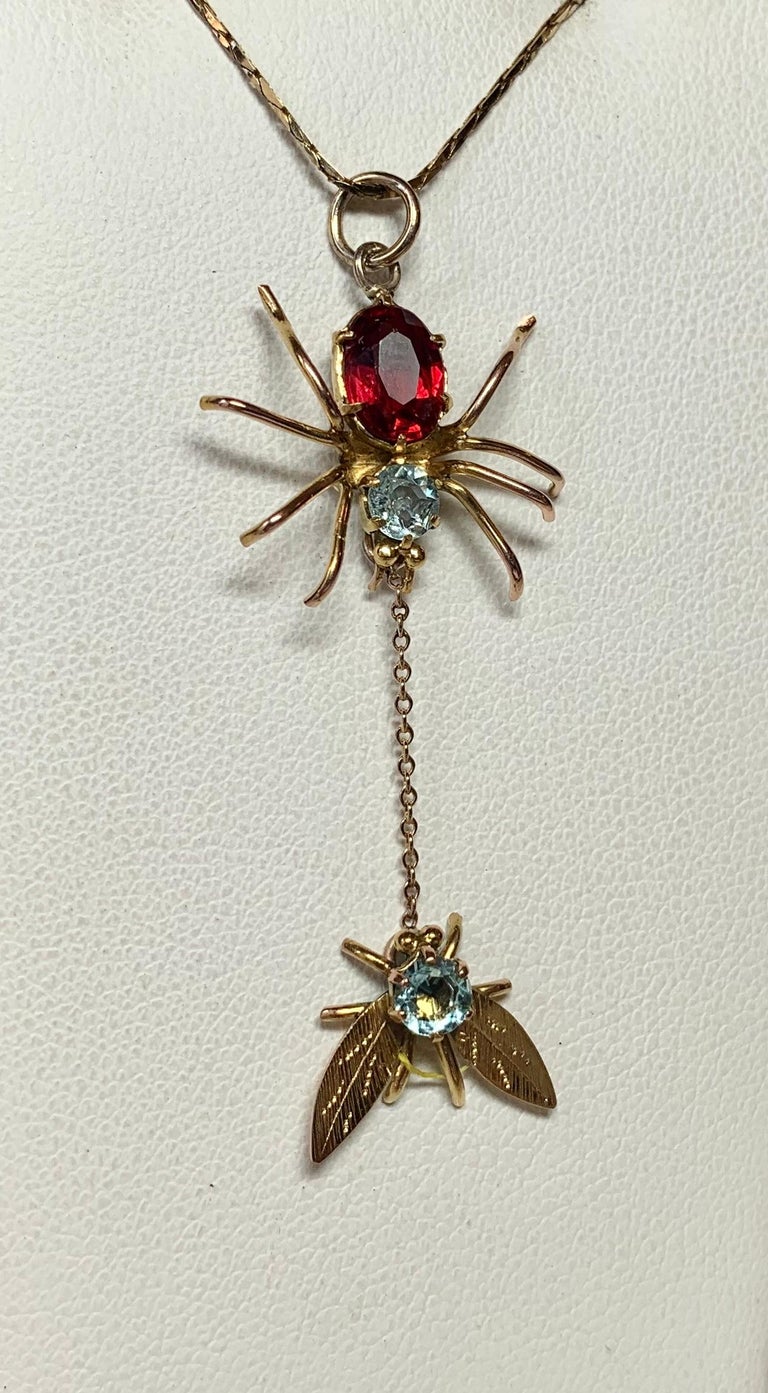 Spider and Fly Insect Pendant Necklace Aquamarine Garnet Gold Antique ...