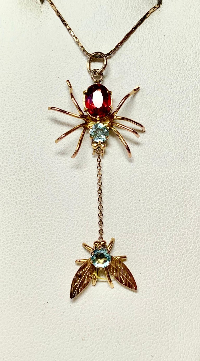 Spider and Fly Insect Pendant Necklace Aquamarine Garnet Gold Antique ...