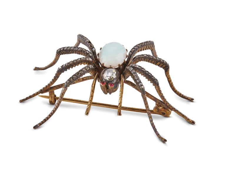 Spider-Shaped Opal Ruby and Diamond Brooch in Gold and Silver at 1stDibs
