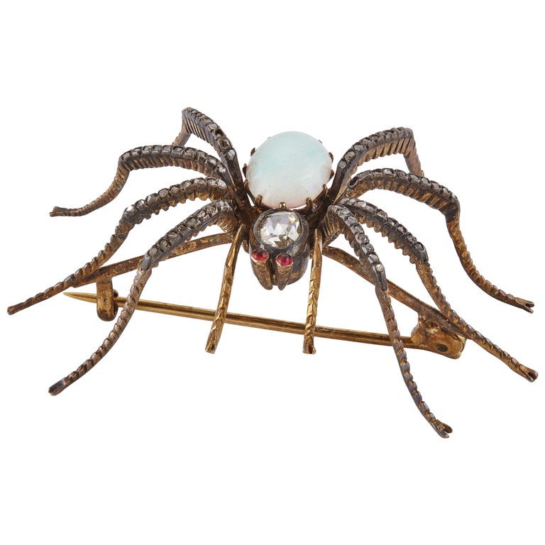 Spider-Shaped Opal Ruby and Diamond Brooch in Gold and Silver at 1stDibs
