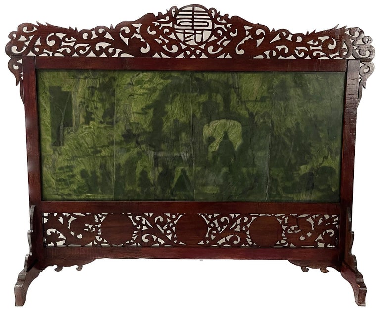 Spinach Jade Four Panel Carved Screen For Sale at 1stDibs