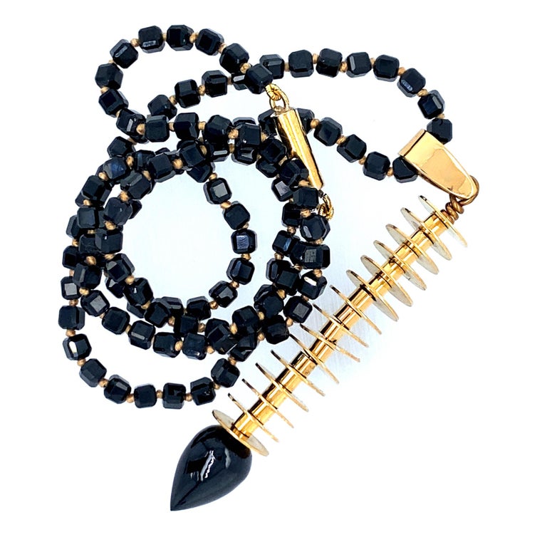 "Spinal Spinel" Pendant in 18K Gold with Black Spinel Drop and Beaded ...
