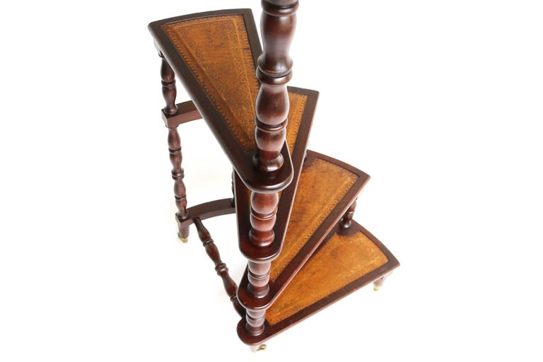 Spiral 4-Step Library Stairs Casters , Wood and Leather Bookcase Ladder ...